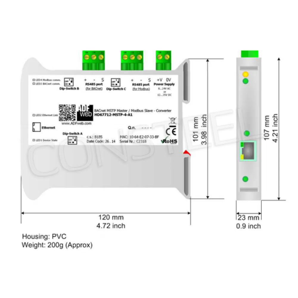 HD67712-MSTP-4-A1 BACnet MSTP master to RS-485 Modbus slave