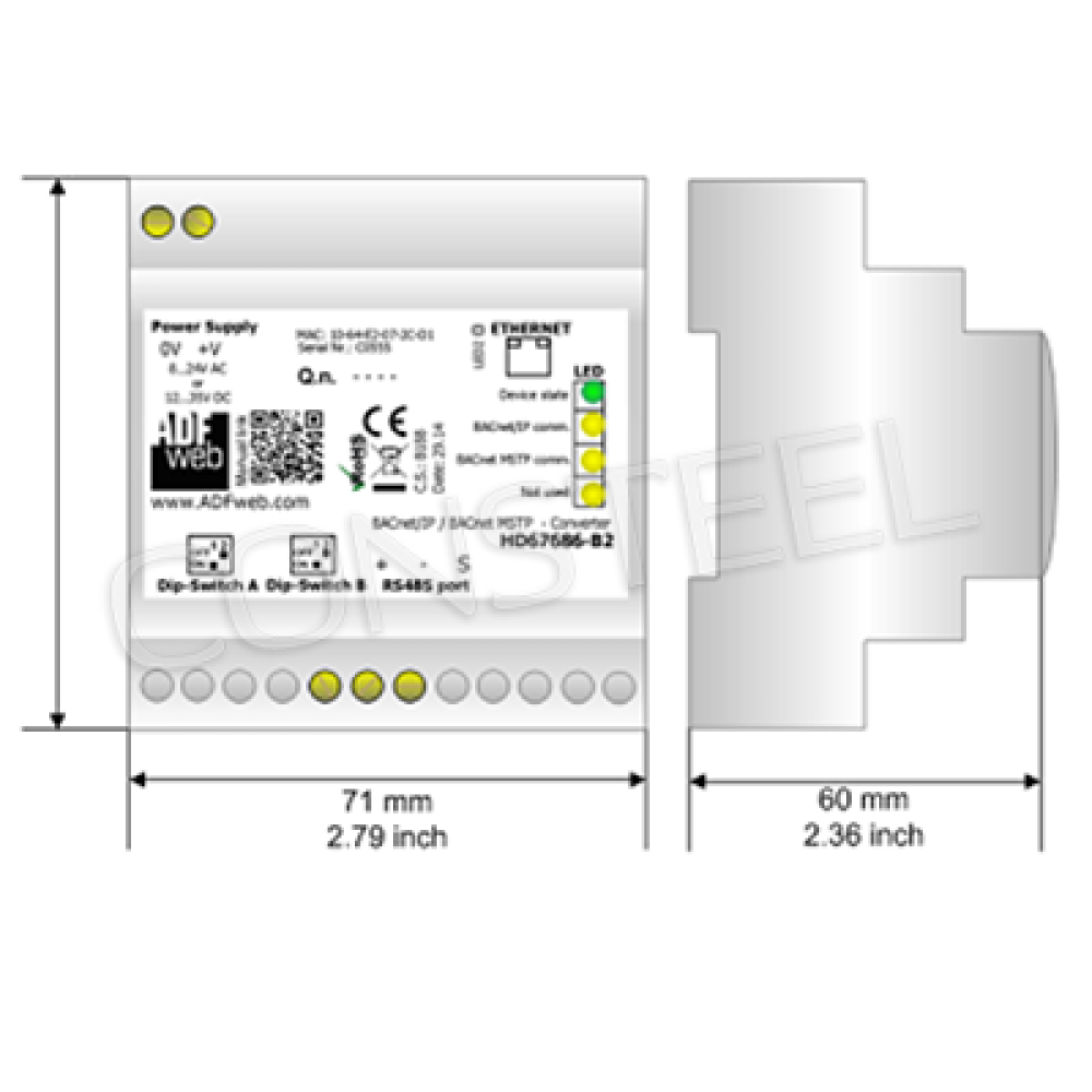 Industrial BACnet MSTP to Ethernet IP converter - HD67722-MSTP-B2