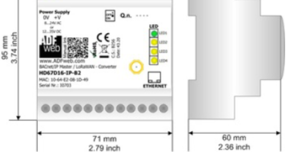 Industrial LoRaWAN to BACnet Master converter. Model HD67D16-IP-B2-915MHz